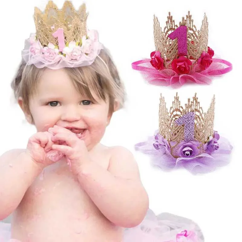 1st Birthday Crown Headband For Baby Girls Flower Princess Hat For ...