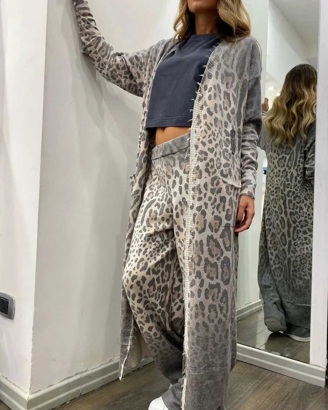 Leopard Print Two Piece Set - Autumn Midi Waist Cardigan & Wide Leg ...