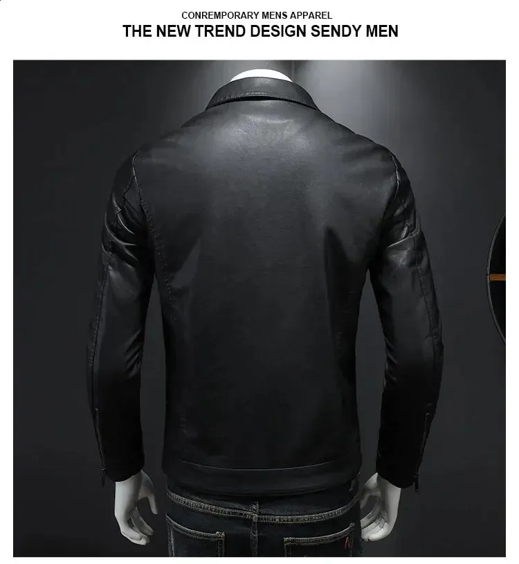 Men's Motorcycle Leather Jacket with Large Pockets, Black Zipper Lapel ...