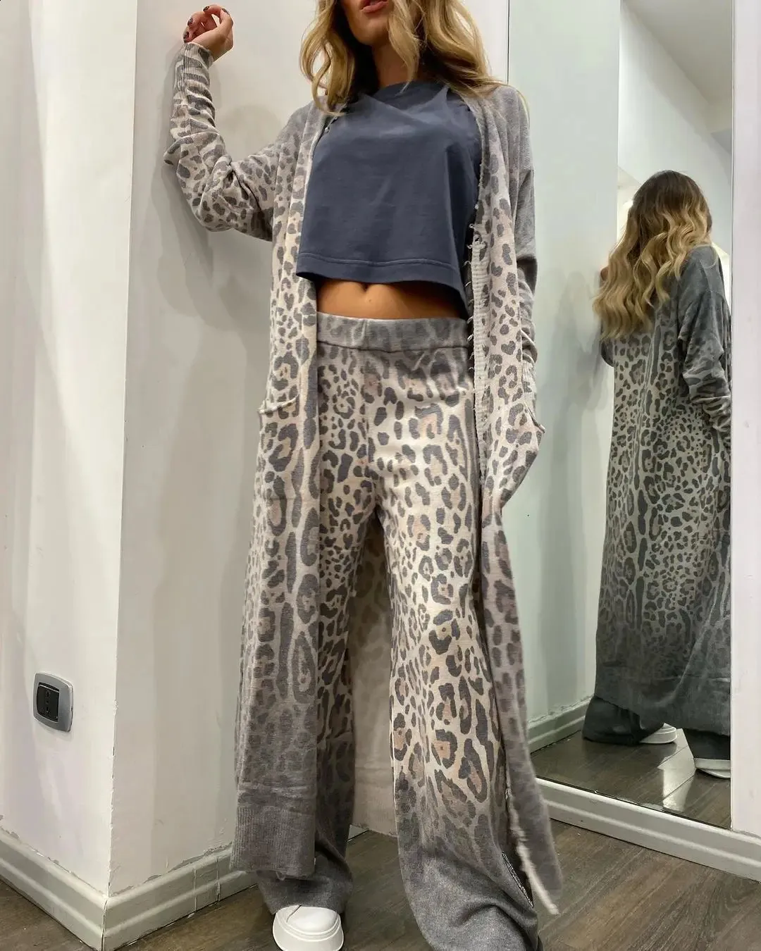 Leopard Print Two Piece Set - Autumn Midi Waist Cardigan & Wide Leg ...
