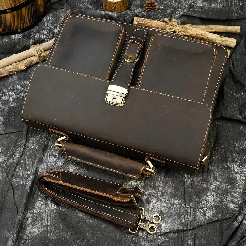 Leather Laptop Briefcase for Men 15 Inch Large Capacity Cow Leather ...