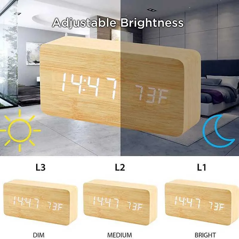 Wooden LED Digital Alarm Clock With Temperature For Bedroom, Office ...