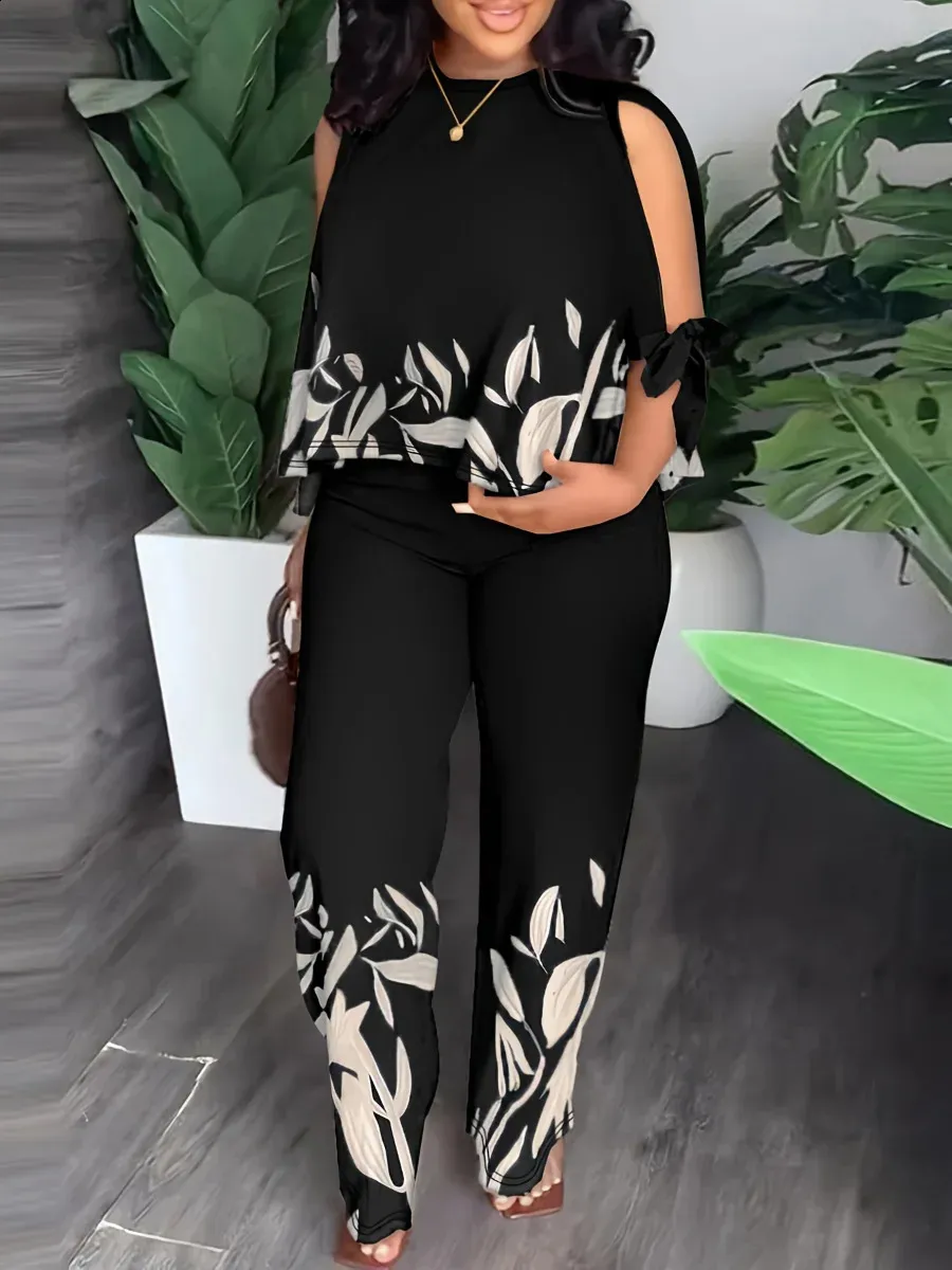 Plus Size Printed Pants Set: Women's Two-Piece Outfit, Half Sleeve Top ...