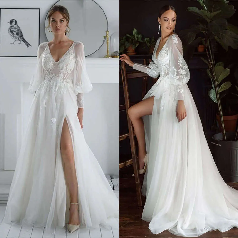 Front Split A Line Gown Wedding Dresses Flowers Appliques Lace Bridal ...