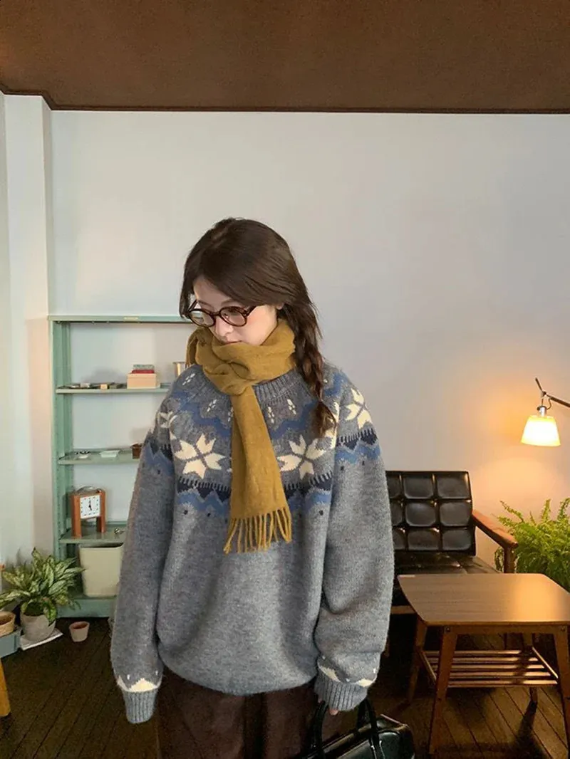 Vintage Harajuku Print Knitted Sweater: Preppy Style, Loose Fit, Long ...