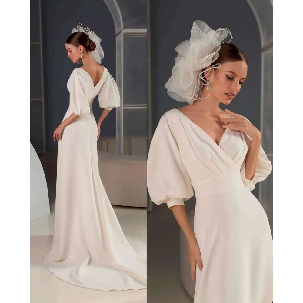 Simple A Line Satin Wedding Dresses V Neck Bridal Gowns With Sweep ...