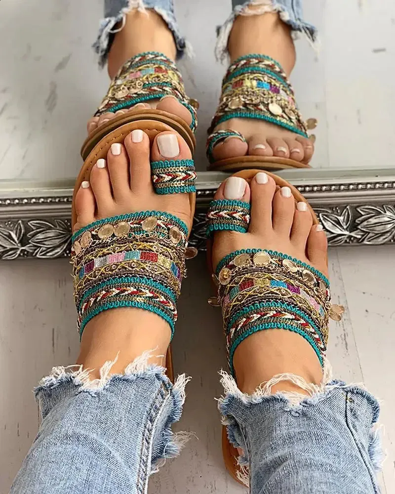 Bohemian Toe Ring Slider Sandals - Summer Sequin Accents, Women's ...
