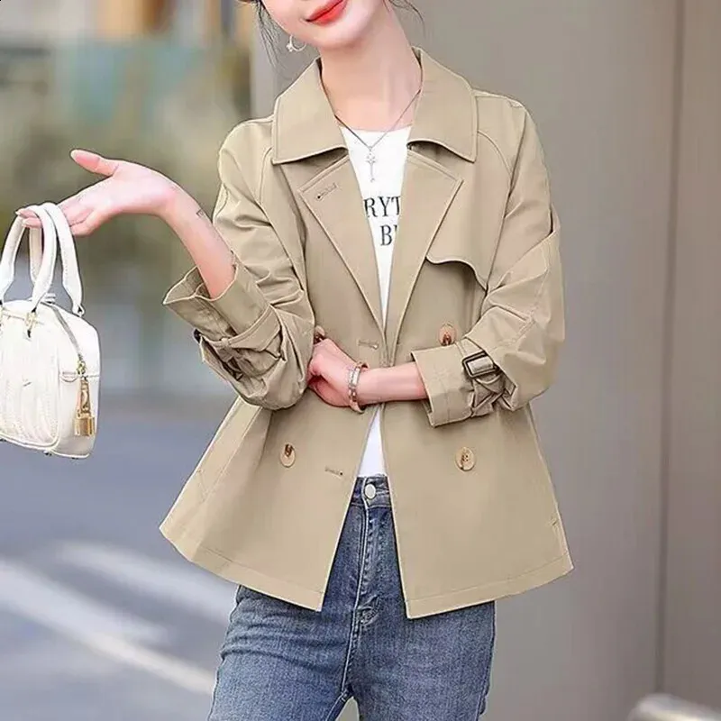 Women Short Trench Coat Slim Casual Jacket Long Sleeve Solid Color ...