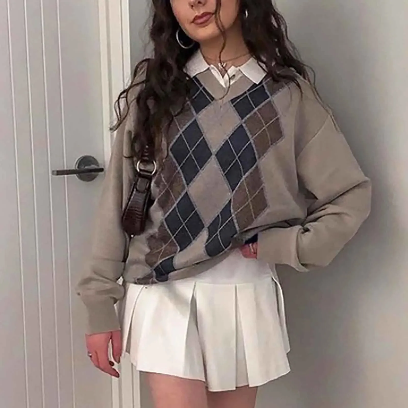 Vintage Argyle V-Neck Knit Top: Women's Preppy Sweater, Fall/Winter ...