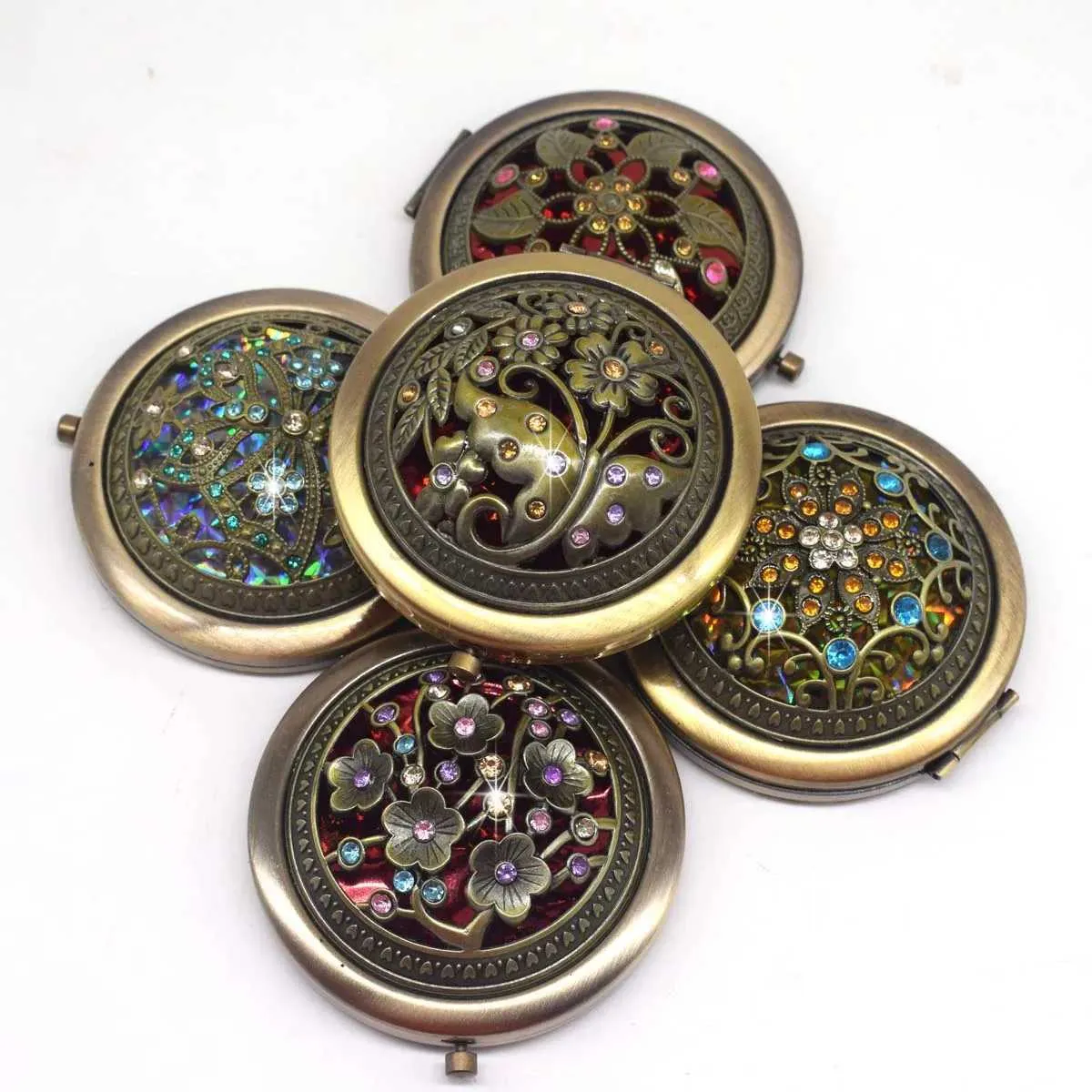 Elegant Bronze Flower & Diamond Mini Compact Mirror - Dual-Sided ...