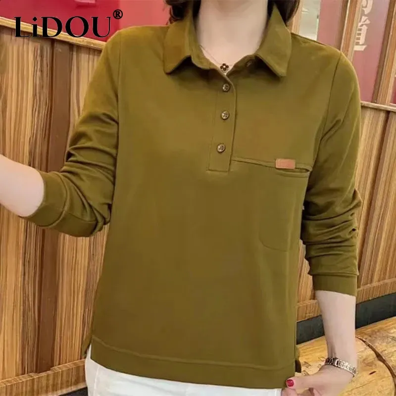 Casual Fashion Polo Shirts: Solid Color Long Sleeve Turn-down Collar ...