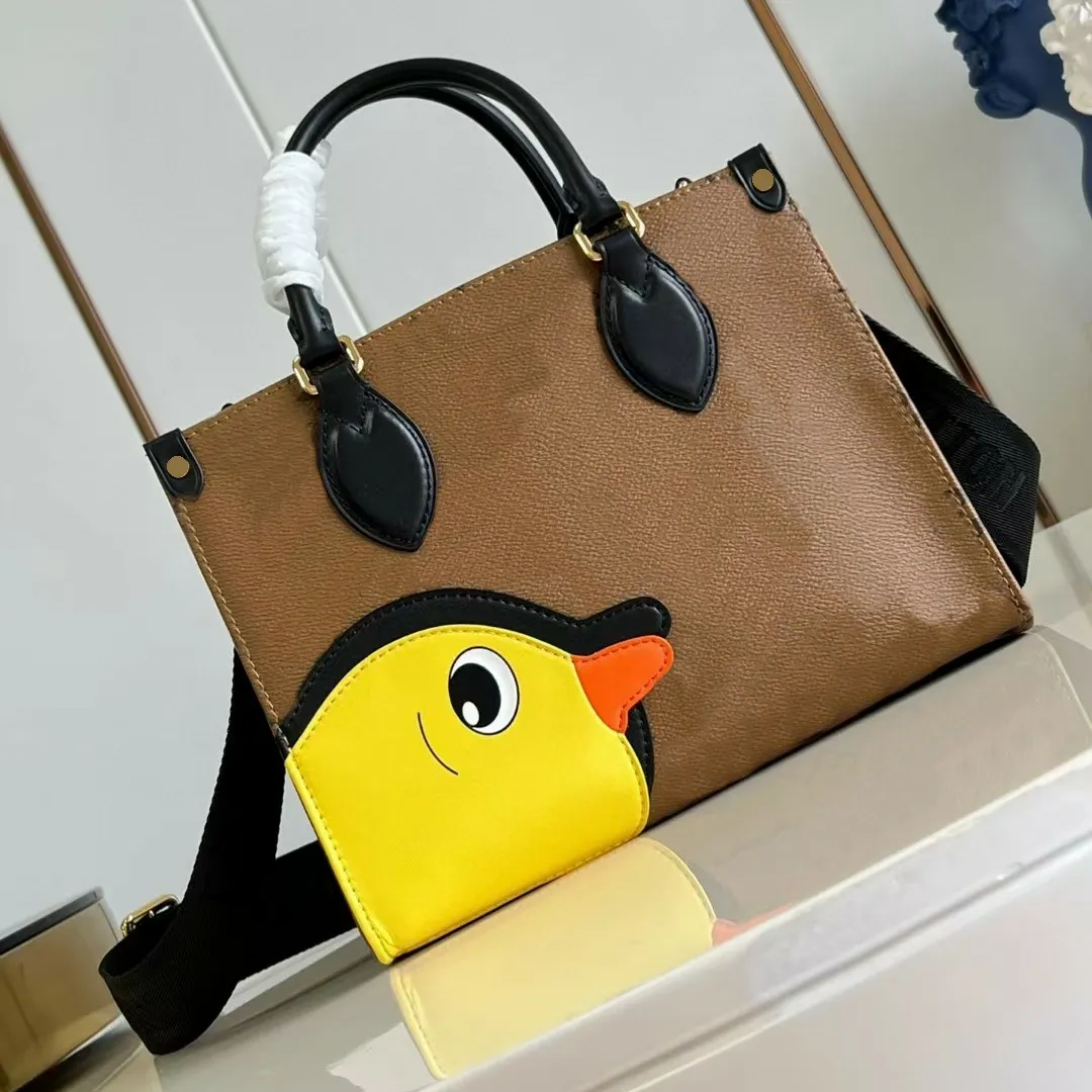 Cute Duck Cartoon Tote Bag With Patent Cow Leather Decoration And Brown ...