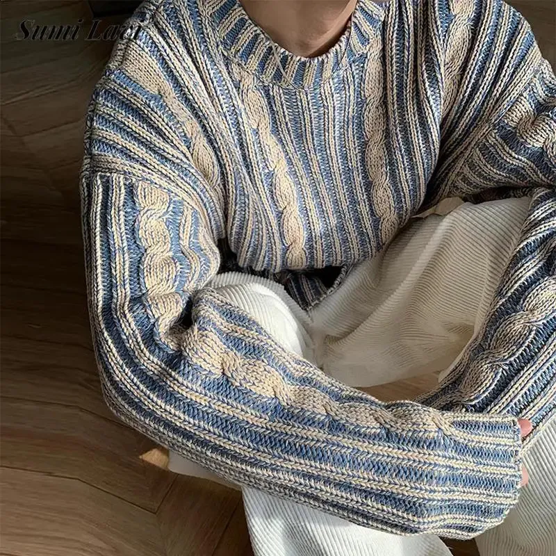 Striped Knitting Sweaters for Men: Y2K Style, Loose Fit, Long Sleeve ...