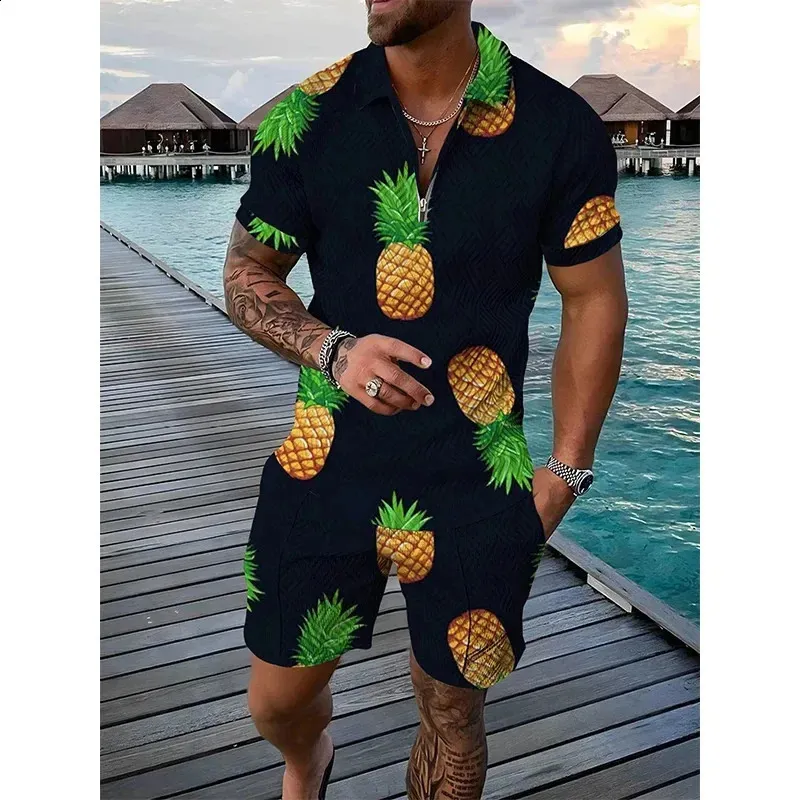 Pine Pawpaw 3D Printed Mens Fruit Track Set Short Sleeved Zipper Polo ...