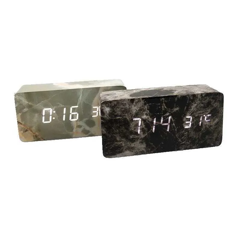 Marble Pattern LED Wooden Alarm Clock: Retro Glow, Temperature Display ...
