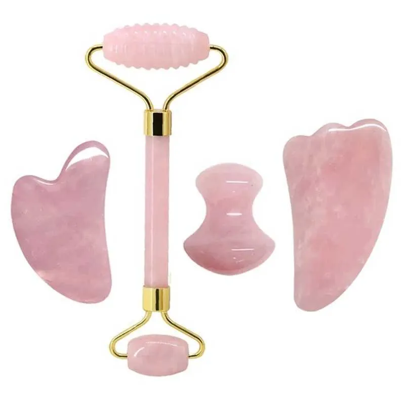 Jade Roller & Gua Sha Set - Natural Rose Quartz Facial Massager, Anti ...