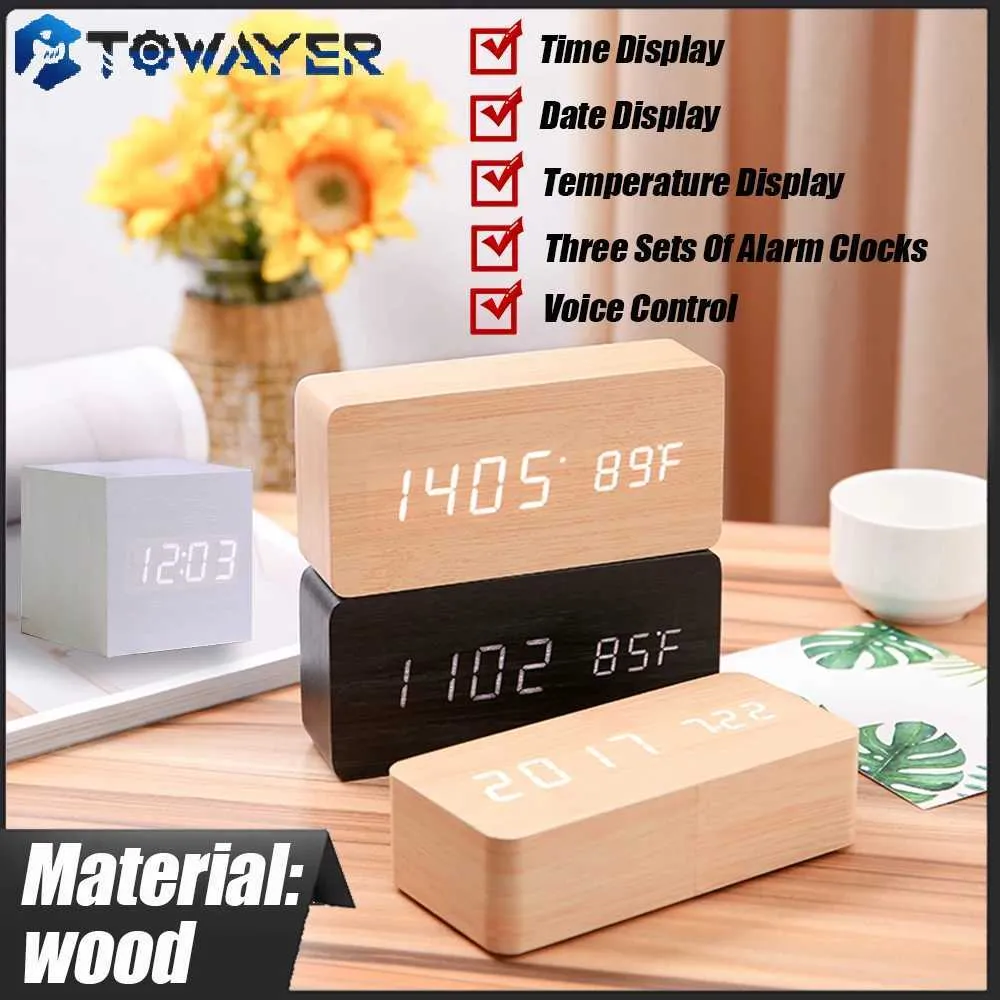 LED Digital Wooden Alarm Clock with Voice Control - USB/AAA Powered ...