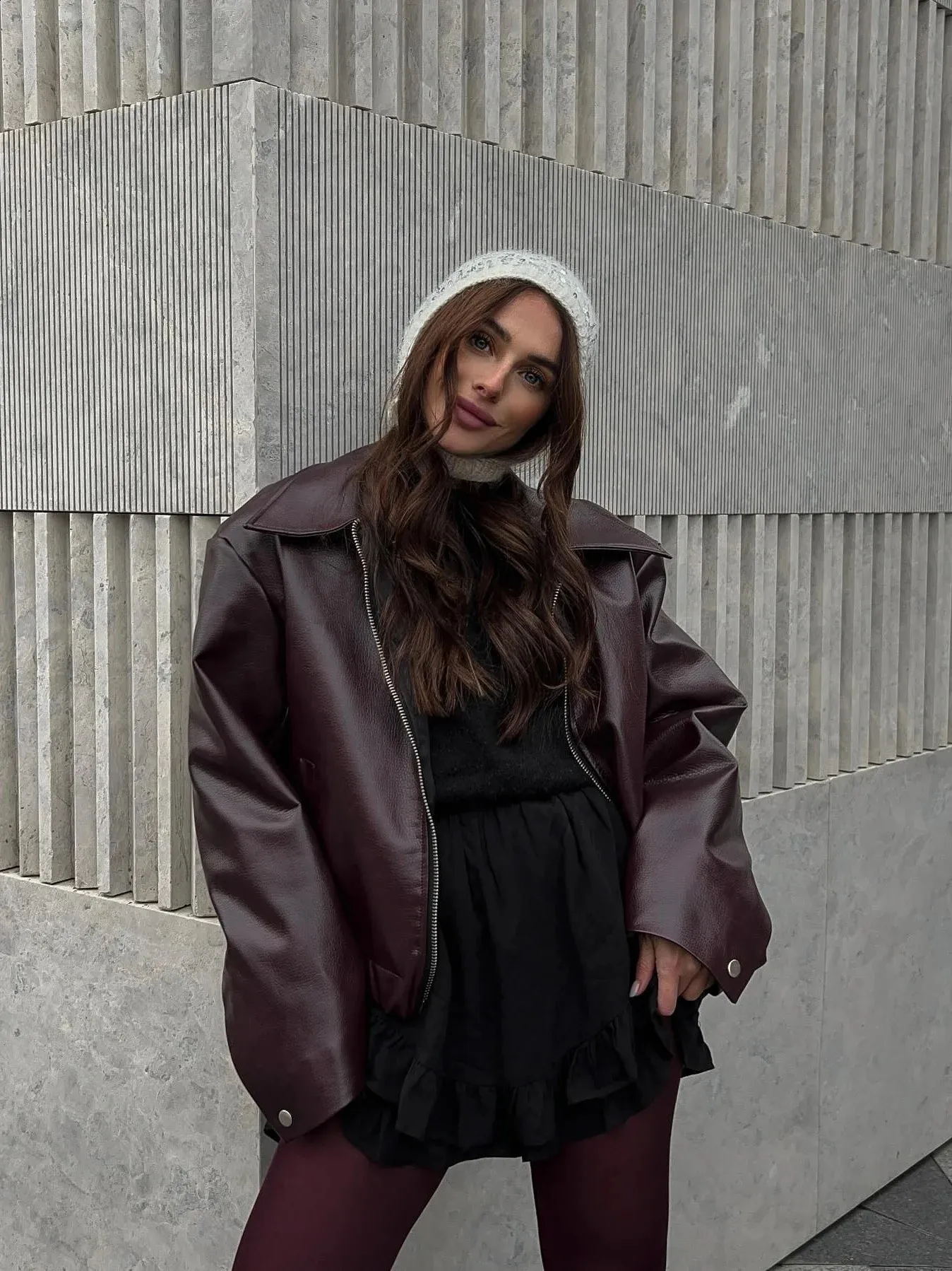Wine Red Cropped Rider Jacket: Patchwork Leather, Long Sleeve, Casual ...