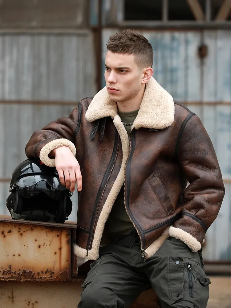 Men's Genuine Leather Shearling Winter Jacket for Motorcyclists and ...