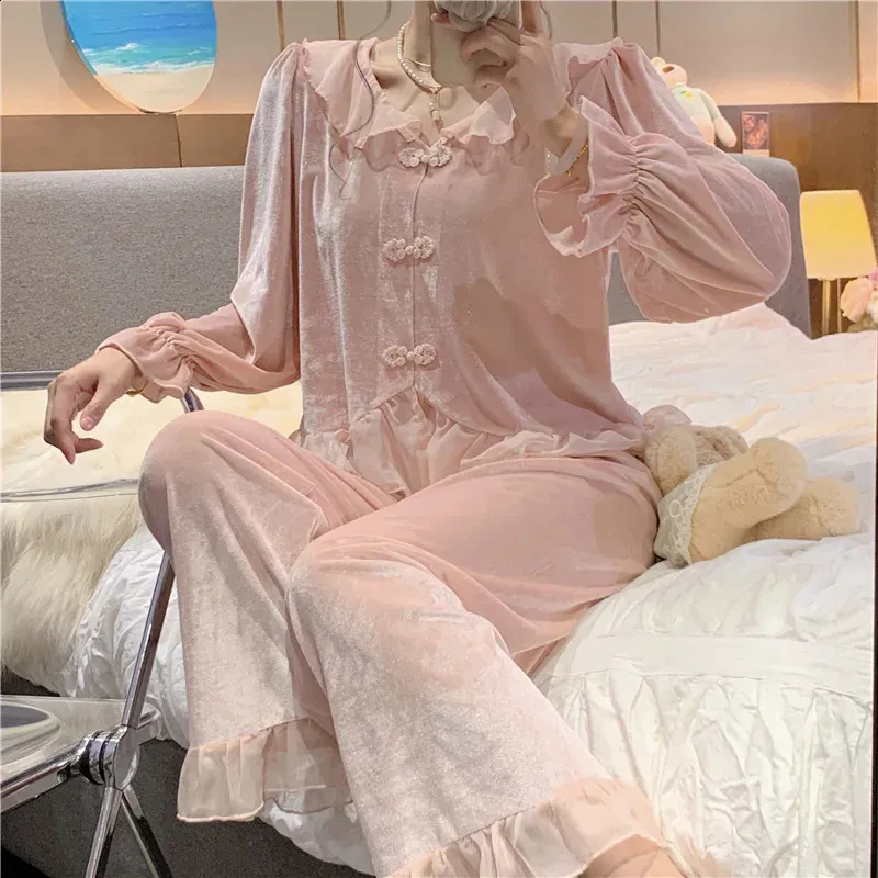 V Neck Lace Sleepwear Velour Pyjamas Suit Women Pajamas Homewear Autumn ...