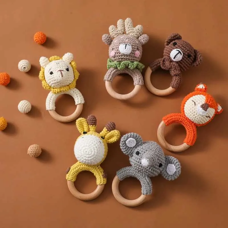 Crochet Animal Baby Rattle Teething Ring - Wooden Shaker Toy, Lion ...