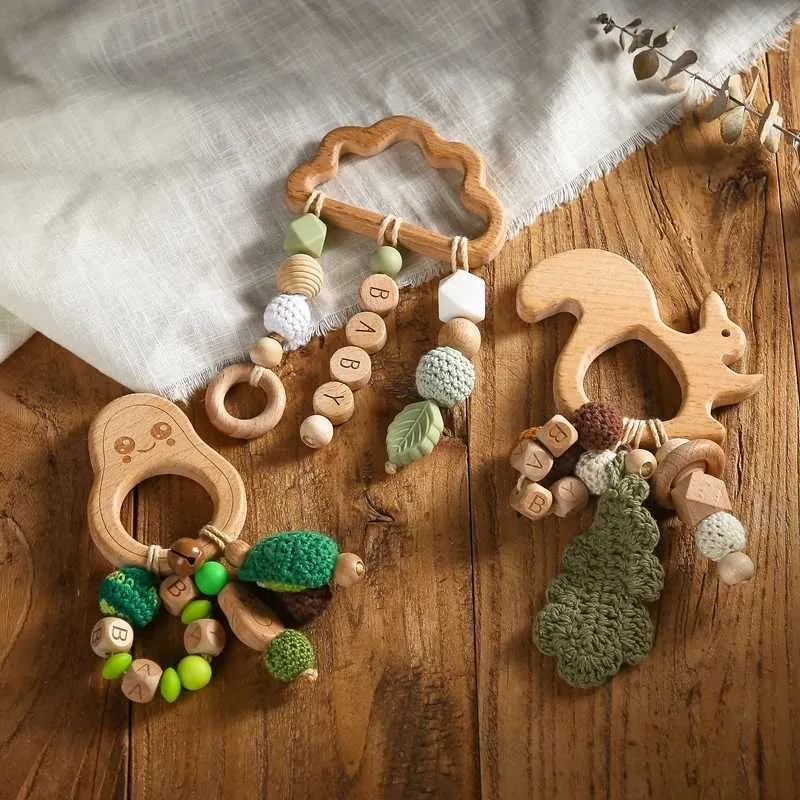 Beech Wood Animal Teething Rattle - Personalized Baby Teether, Natural ...