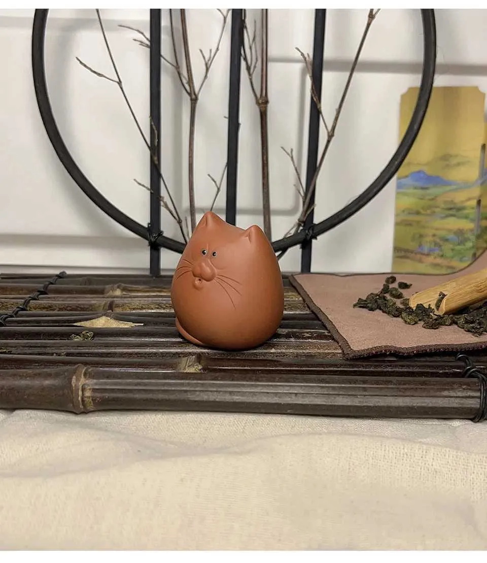 Cute Cat Tea Pet Ornament: Handmade Purple Clay Figurine for Tea Lovers ...