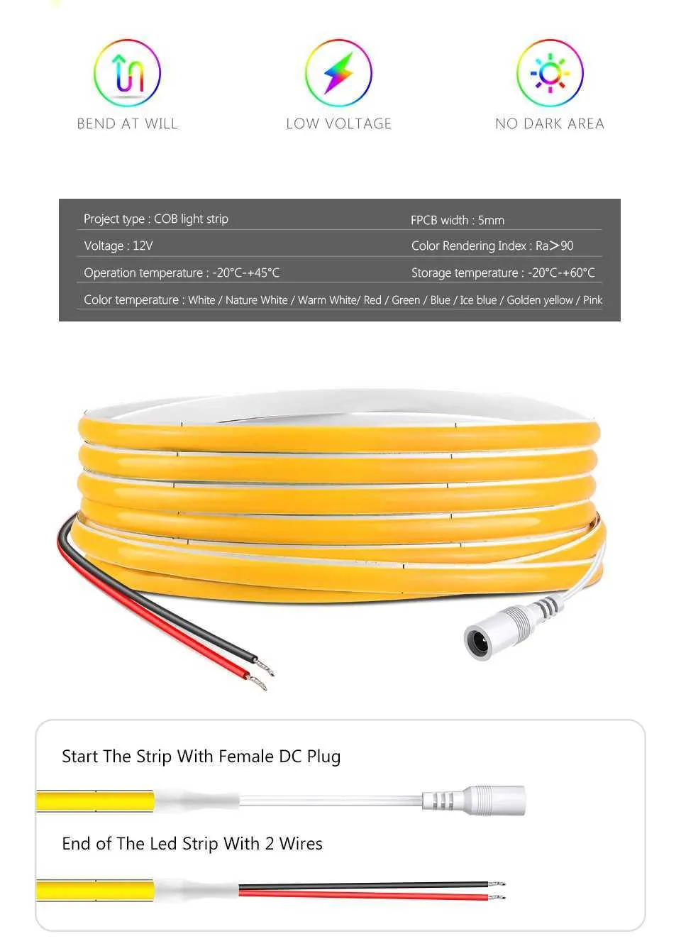 Ultra Thin 5mm Neon LED Rope Lights - Flexible COB LED Light Strips for ...