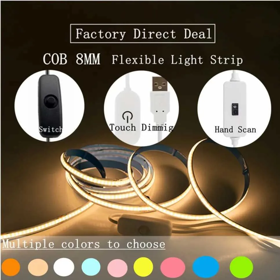 USB LED Light Strip COB LED Strip: Dimmable 320LEDs/M 5V Ribbon With Touch Sensor For TV ...