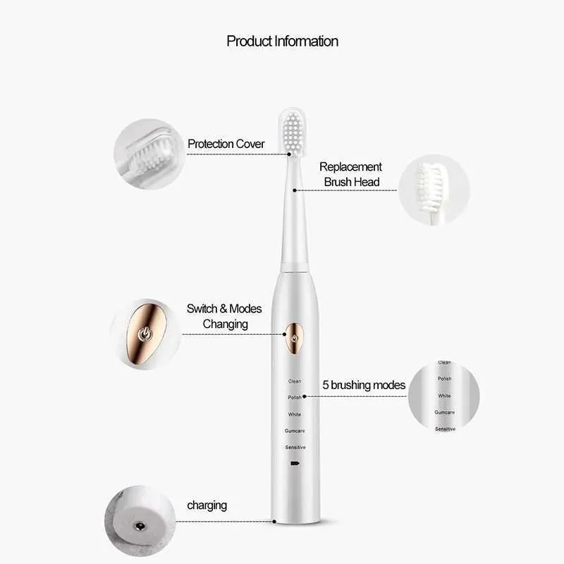 Premium Sonic Pulse Toothbrush - USB Rechargeable, 5-Speed, Waterproof ...