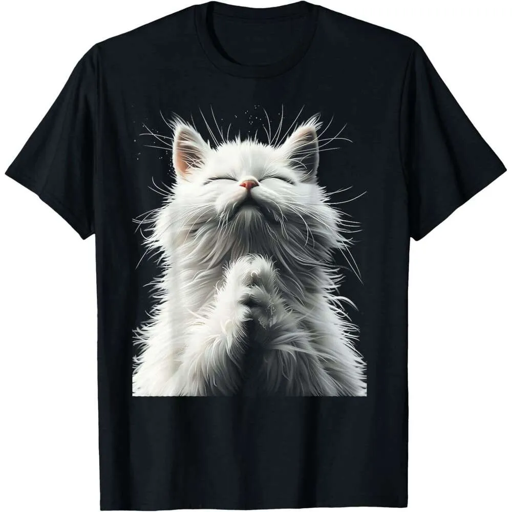 Funny Cat Graphic Tee for Men - Fluffy White Cat Design - Casual Short ...