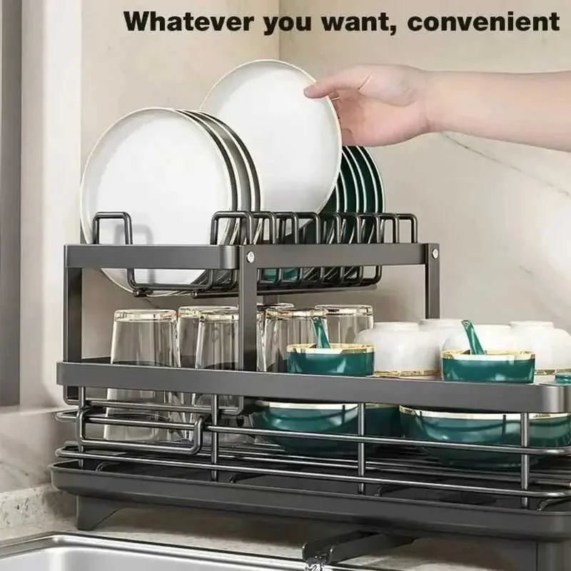 Adjustable 2-layer stainless steel utensil drying rack with storage ...