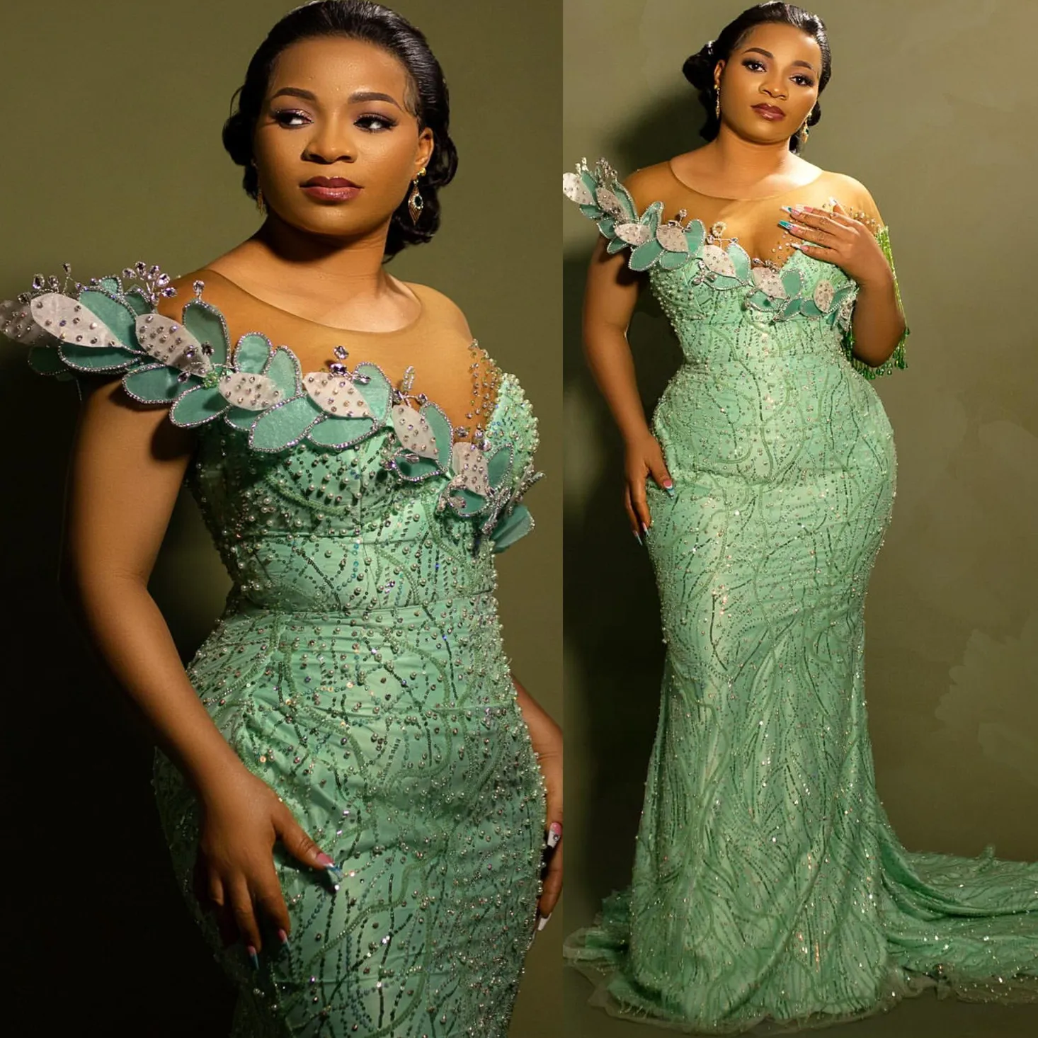 Sage Mermaid Green Sparkly Prom Dress With Fulllace, Rinestones, And Floral Embellishments ...