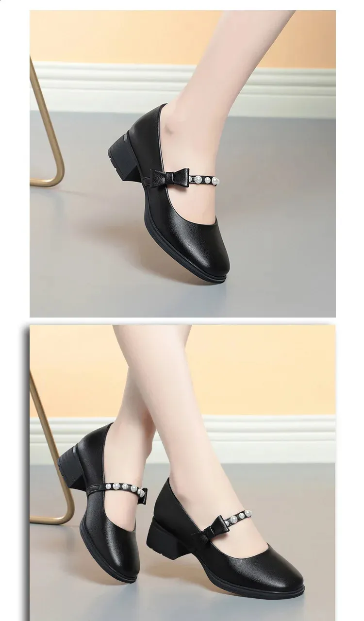 Elegant Pearl Bow Mary Janes: Breathable Leather Pumps for Spring ...