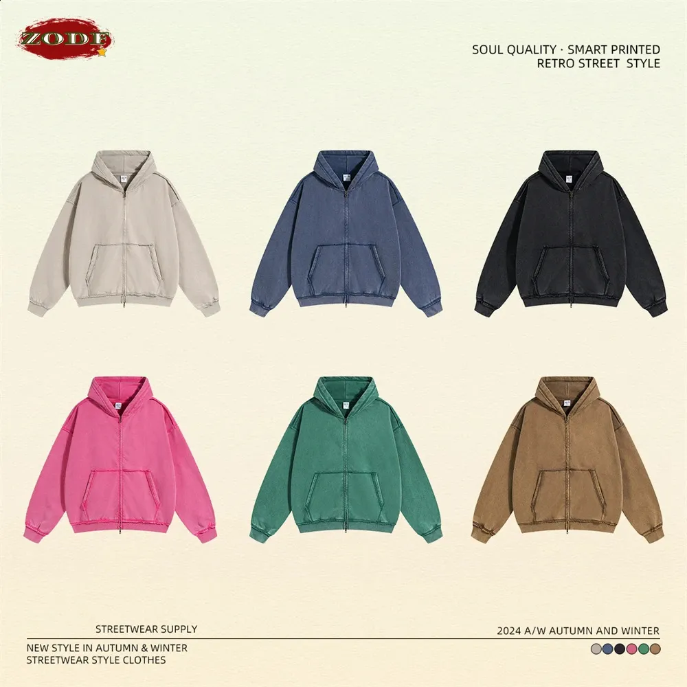 Retro Heavyweight Zip Up Hoodie Jacket for Men - Distressed Wash ...