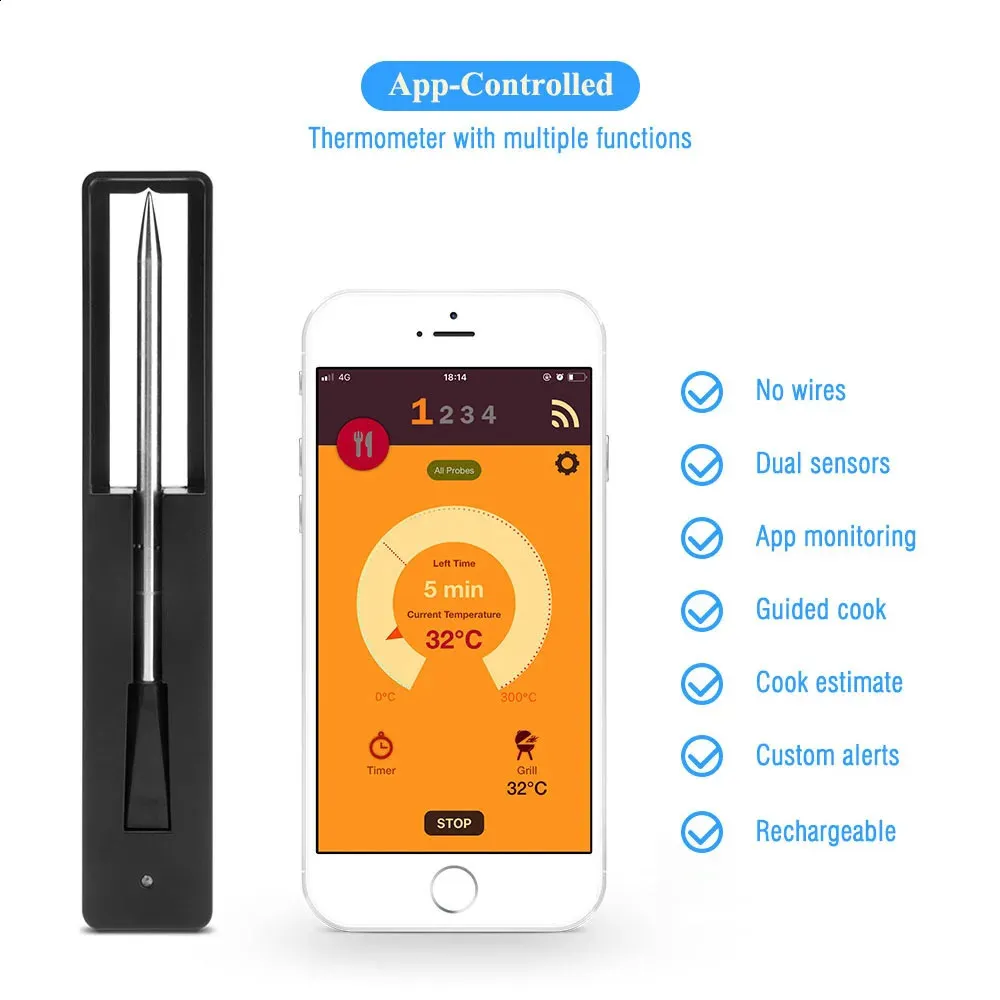 Wireless Bluetooth Meat Thermometer for Ovens, Grills & Smokers ...