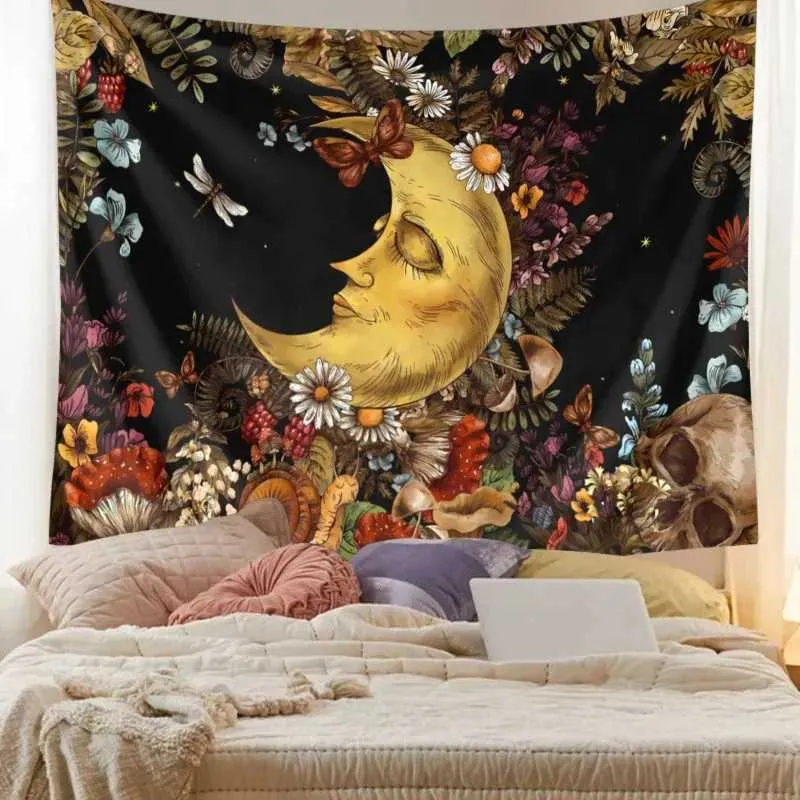 Bohemian Moon Tapestry: Vintage Mushroom Sun Art - Bedroom Aesthetic ...
