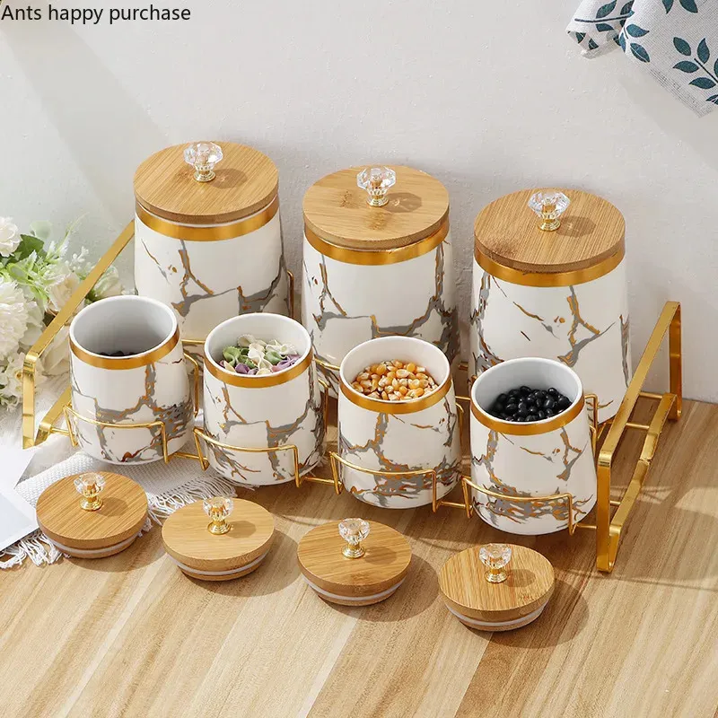 7-Piece Airtight Ceramic Food Storage Jar Set with Wooden Lids ...