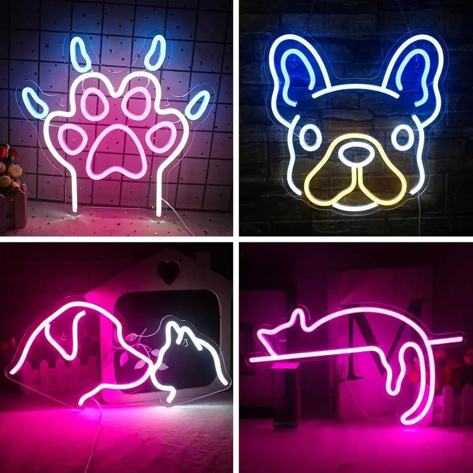 Dog Paw Neon Sign - Pink & White LED Light, Perfect for Pet Lovers ...