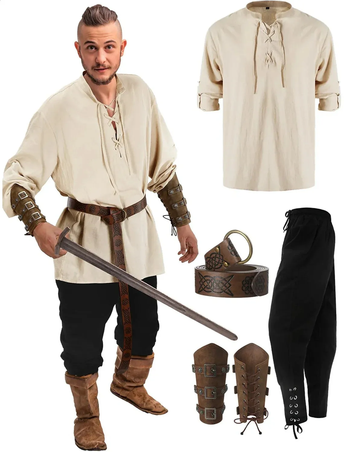 Men's Renaissance Pirate Costume Set with Shirt, Pants, Waistband, and ...