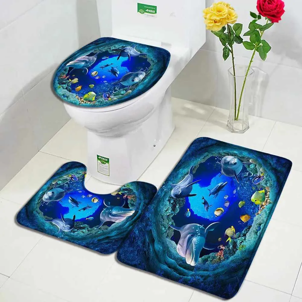 Cartoon Dolphin Bathroom Set: Non-Slip Marine Animals Bath Mats, Toilet ...