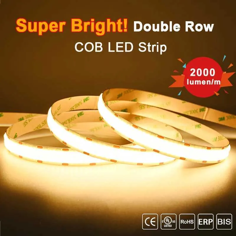 Double Row Flexible COB LED Strip 2000lm/M Super Bright High Density ...