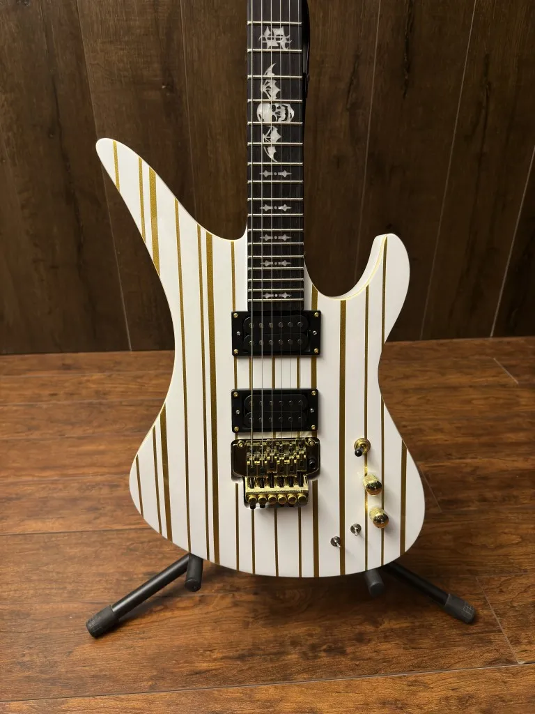 Premium White & Gold Electric Guitar: Floating Tremolo, Mahogany Body ...