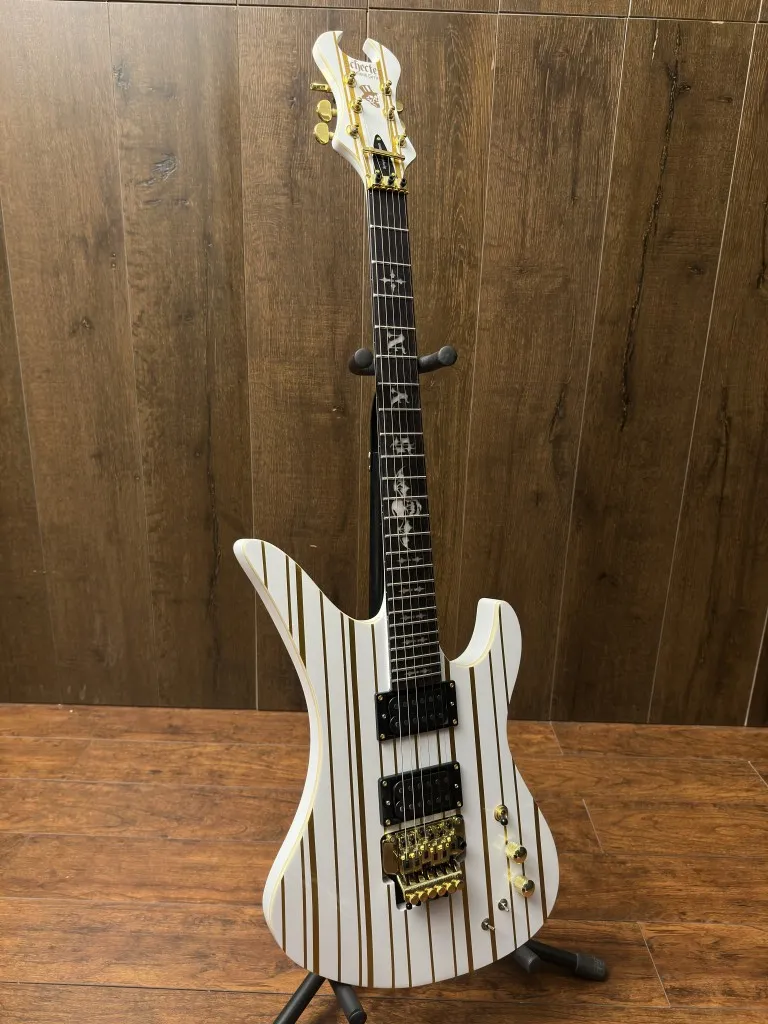 Premium White & Gold Electric Guitar: Floating Tremolo, Mahogany Body ...