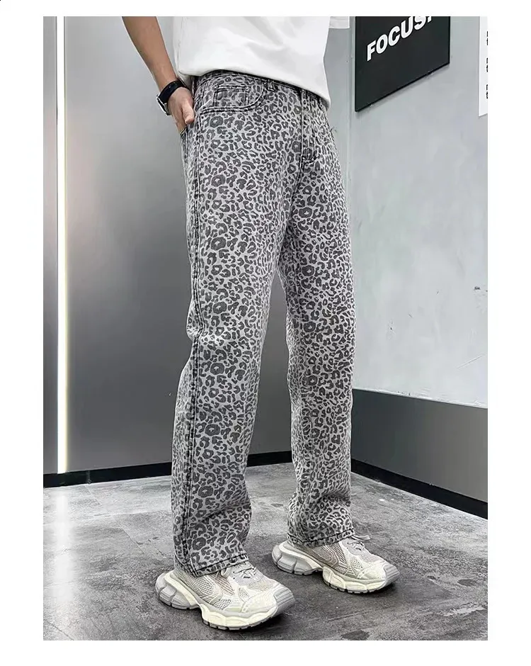 Leopard Print Men's Jeans Light Wash Baggy Casual Straight Pants 240816 ...