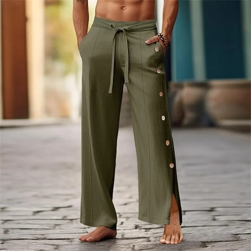 Mens cotton linen pants summer beach casual loose straight capris with ...
