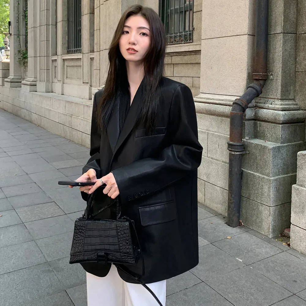 Women's Vintage Black Basic Leather Blazer Casual Tops Female Long ...