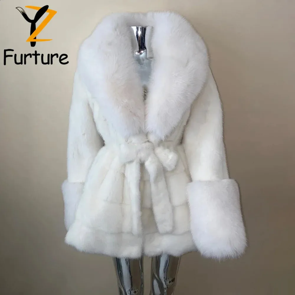 Womens Winter Jacket Whole Skin Real Mink Fur Coat Fox Fur Sleeve With ...