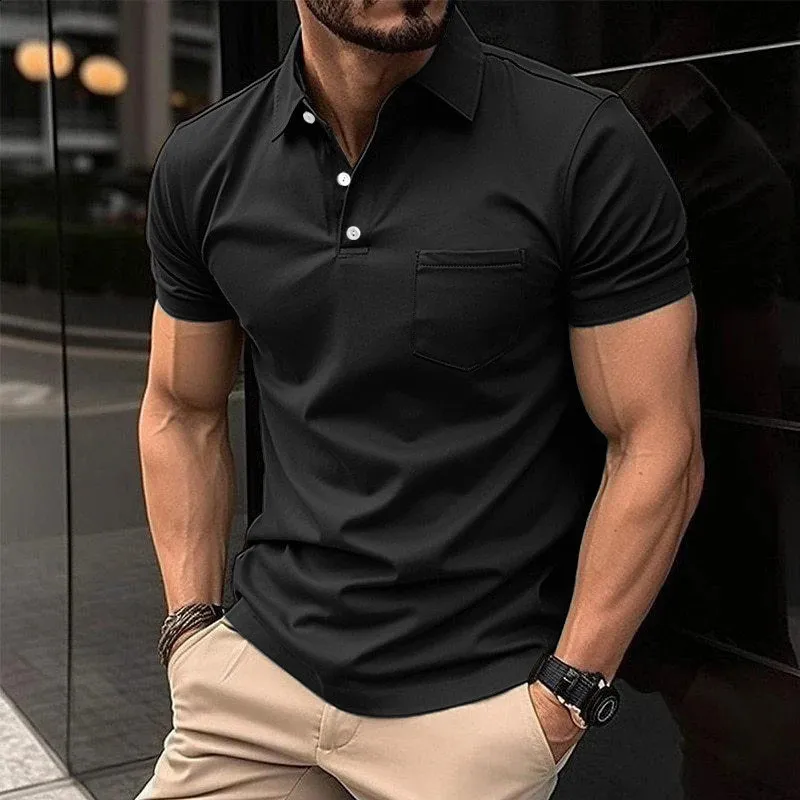 Slim Fit Men's Summer Polo Shirt - Pure Color, Pocket Stitching, Sport ...
