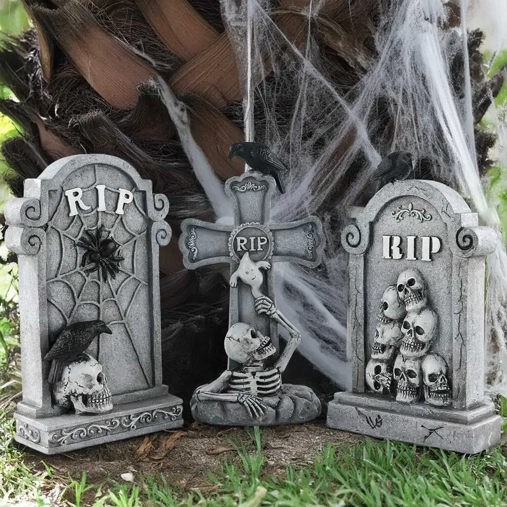 Halloween Tombstone Decorations With Crow Skeleton Resin Ornament Scary ...